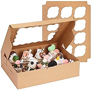 Moretoes Cupcake Boxes 24 Pcs Brown Cupcake Carrier Containers 24 Cardboard 12 Count, Kraft Bakery Boxes with Windows and Inserts to Hold Muffins & Pastries