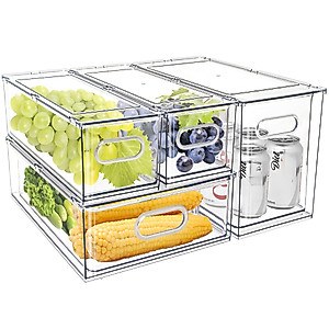 Mano Fridge Drawer Pull Out Stackable Bins with Handle Clear Refrigerator Drawers Organizer Food Storage Container Box with Dividers Plastic Produce Saver for Pantry, Cabinet, Kitchen, Clothes（4Pack）