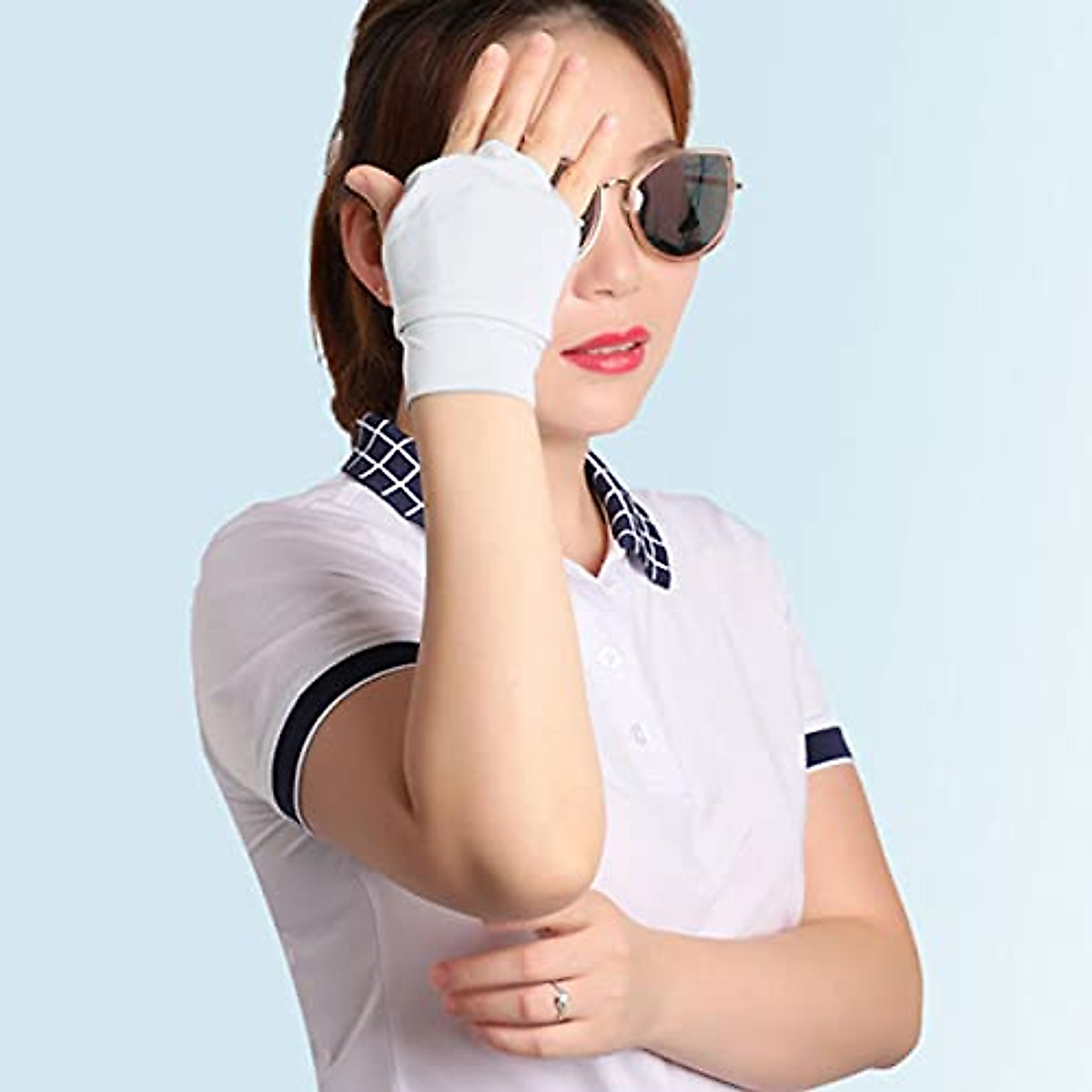 SPYMINNPOO Half Finger Golf Gloves, Right Hand Ice Silk Solar UV Protection Breathable Gloves Sport Golf Glove for Men and Women L White