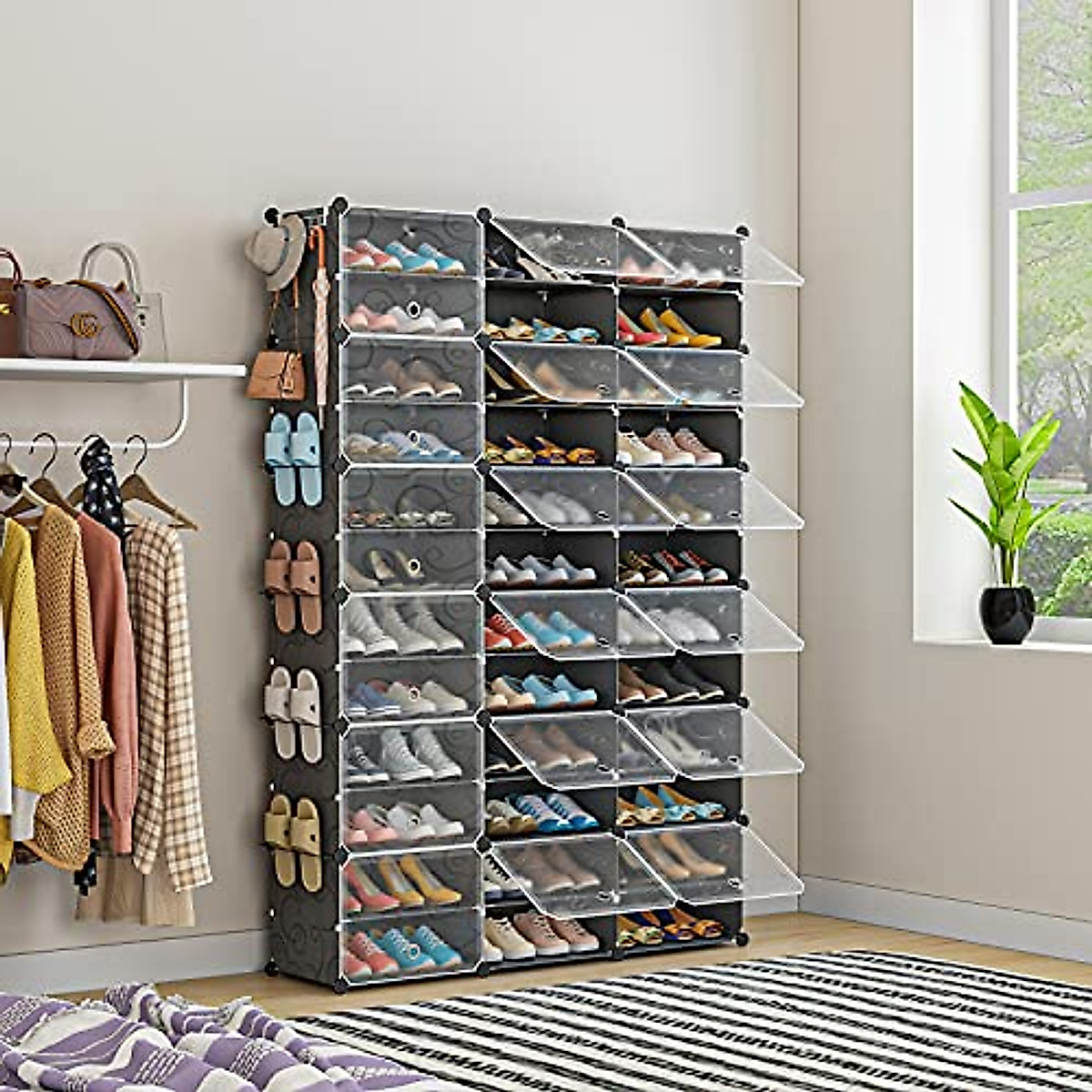 Aeitc 72 Pairs Shoe Rack Organizer Shoe Organizer Expandable Shoe Storage Cabinet Narrow Standing Stackable Space Saver Shoe Rack for Entryway, Closet with Hook and Side Shelf,48"x12"x72"