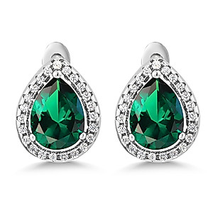Pendant and Earrings Jewelry Set For Women | 925 Sterling Silver | Blue Simulated Sapphire Green Nano Emerald or Red Created Ruby | 6.50 Cttw | Pear Shape 9X7MM | with 18 Inch Silver Chain)