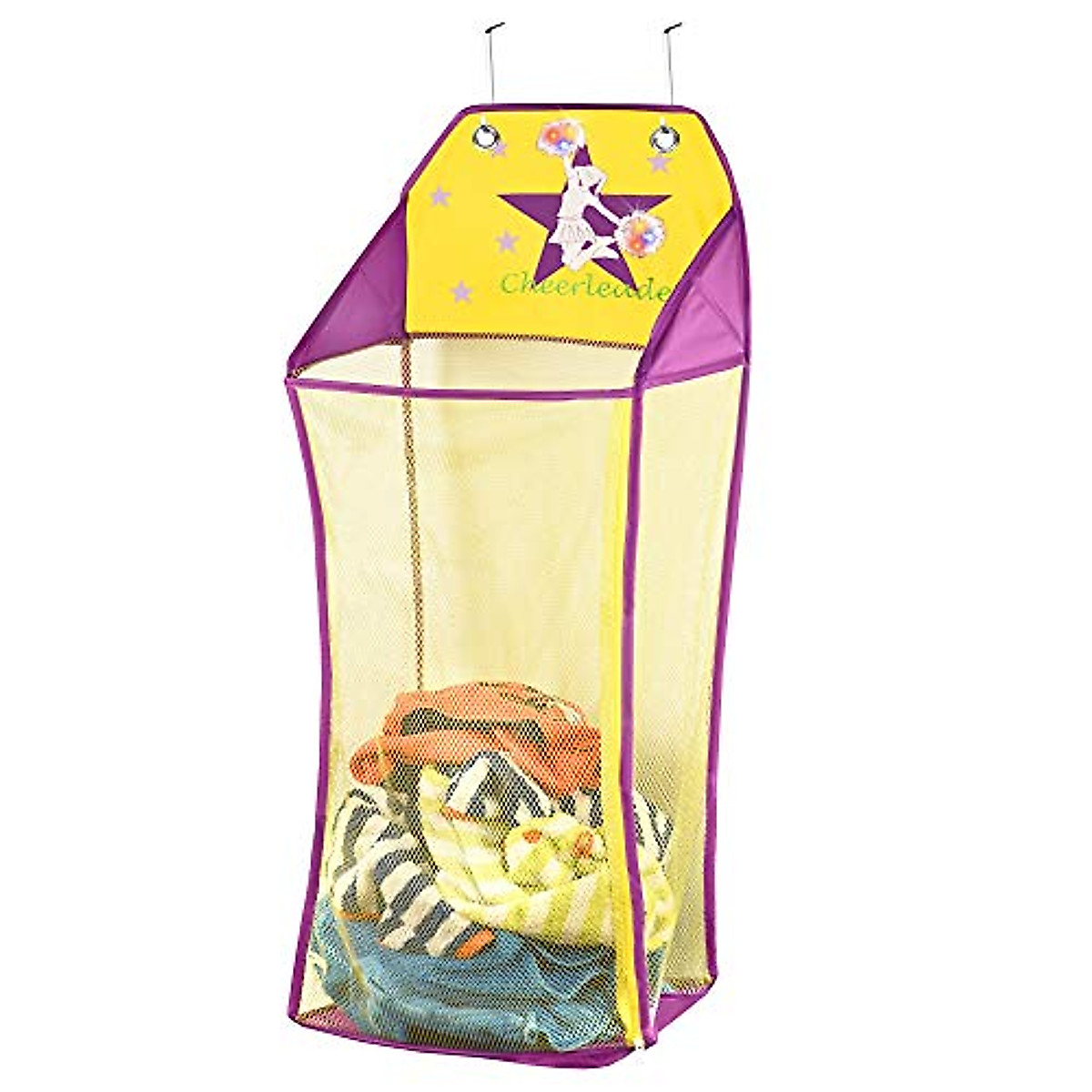 Store & Score Over The Door Hanging Kids Fun LED Cheerleader Light-Up Collapsible Mesh Laundry Hamper, Toy Chest, Heavy Duty Metal Hooks Included. Patent Pending.