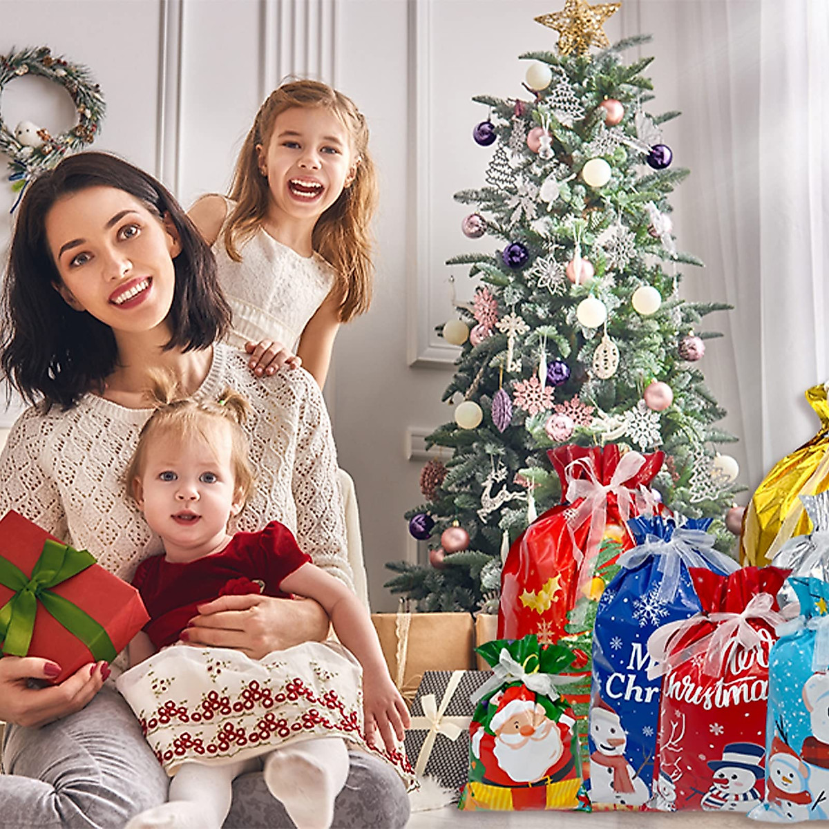 Lusy DM 40 Pcs Christmas Gift Wrapping Bag Christmas Wrapping Bag Assorted Size Goody Bags Treat Bag for Christmas Holiday Presents Party Favor (11 Design, 6 Size)