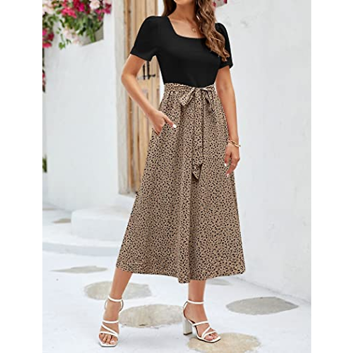 Miladusa Women Casual Midi Dress Square Neck Short Sleeve Modest Work Dress with Pockets