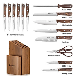 emojoy 15pcs Kitchen Knife Set, Kitchen Knife Set with Block, High Carbon Stainless Steel Knives with Wooden Handle Brown