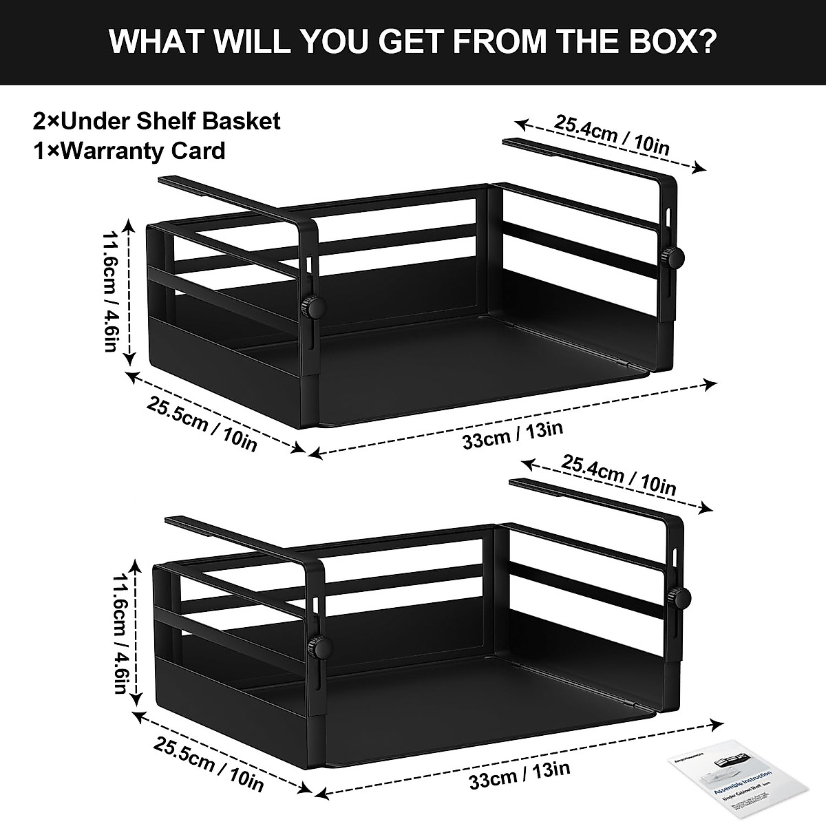 AmonHouseware 2 Pack Under Shelf Storage Basket Organizer,Adjustable Hanging Under Cabinet Add-on Storage Racks Slide-in Baskets Organizer for Laundry Room Kitchen Pantry Desk Bookshelf, Black