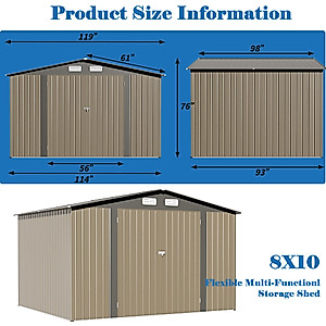 TIMWNER Large Storage Shed, 10' × 8' FT Metal Storage Shed with Lockable Door, Waterproof Shed Outdoor Use, Tool Shed with Windows for Bike, Garden, Brown