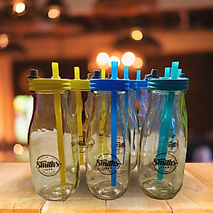 Smiths Mason Jars Set of 9 Mini Glass Milk Bottles 300ml Splash Proof Lids and Reusable Drinking Straws for Kids | General Use Kids Home