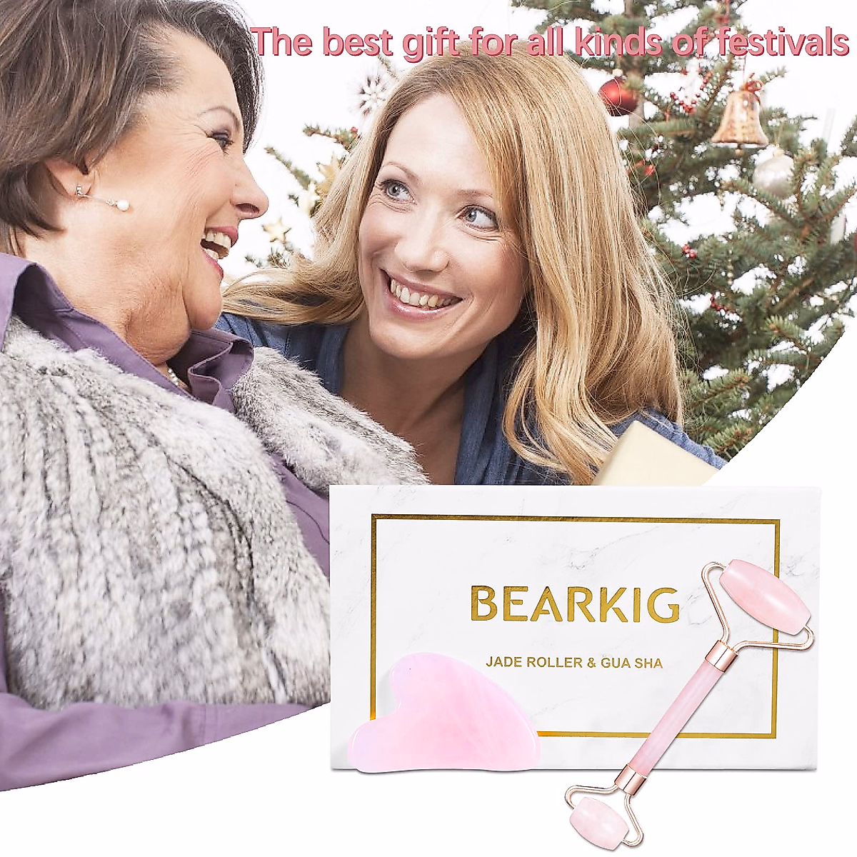 Jade Roller & Gua Sha Set, BearKig Jade Roller for Face, Anti-Aging Rose Quartz Face Roller for Skin Care, Beauty Facial Roller Massager Tools for Face, Eye, Neck, Reduce Wrinkle & Dark Circle