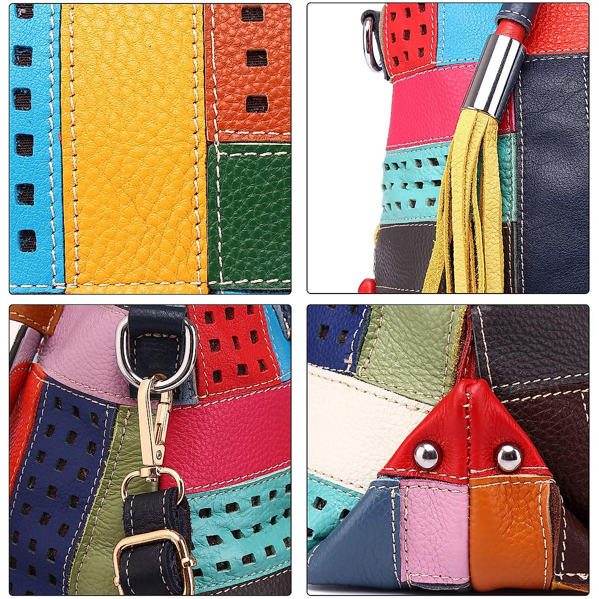 Women Genuine Leather Tote Multicolour Patchwork Hollow Shoulder Handbag Purses (Multicoloured-Middle)…