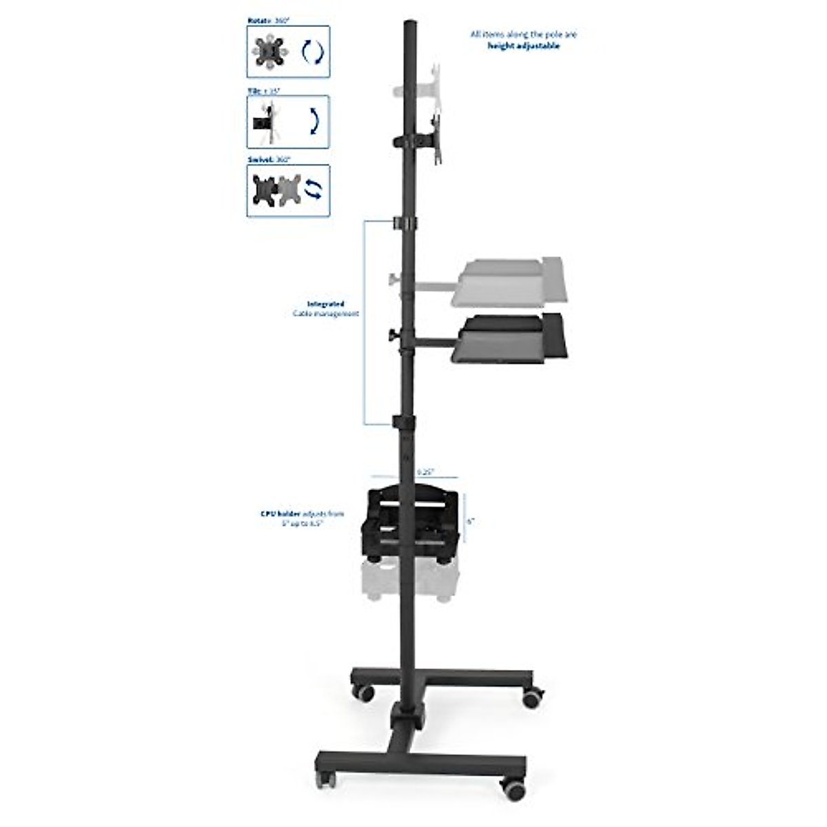 VIVO Mobile Computer Cart, Rolling Stand, Adjustable Monitor Mount with 32 inch Case Holder and Keyboard Tray, Moving Workstation, Black, CART-PC02T