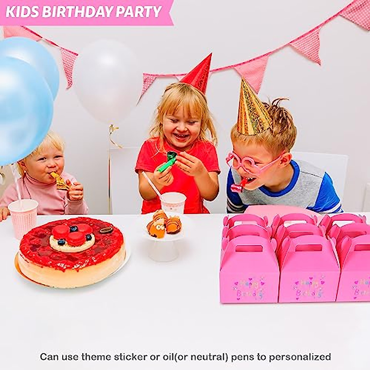 Pink Party Favor Boxes 30pcs Thickened Paper Gift Gable Treat Box Candy Goodie Bags for Kids Birthday Parties Supplies Decorations, Neon Ink