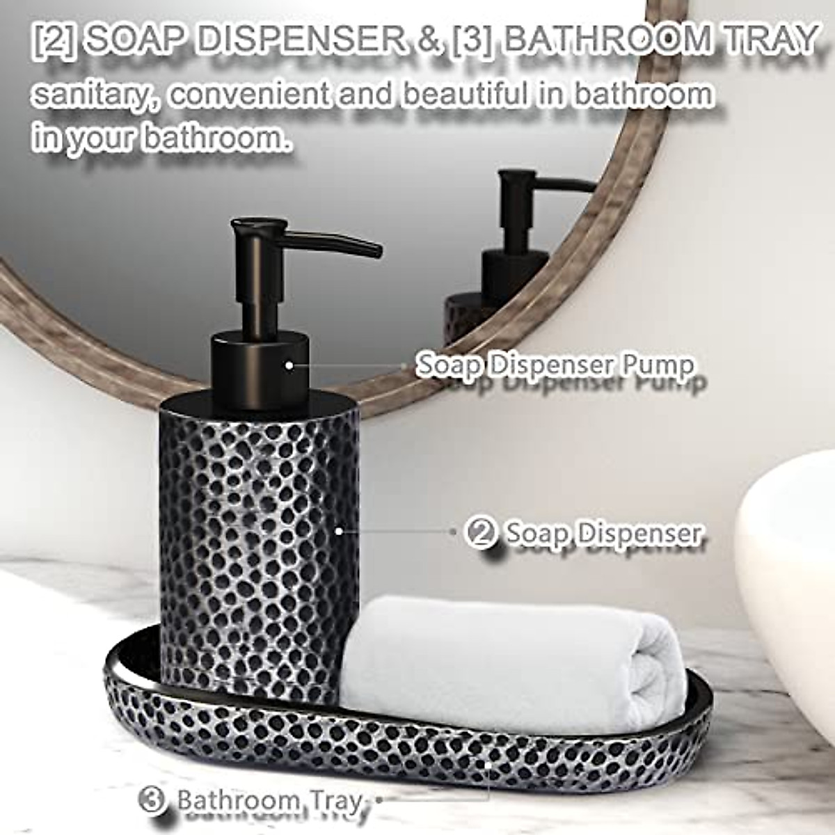 LKKL Bathroom Accessory Set-7 Pcs Bathroom Accessories Set with Bathroom Trash Can, Soap Dispenser Set,Bathroom Tray,Bathroom Canister for Qtip Holder, Toothbrush Holder,Tumbler,Soap Dish-Silver