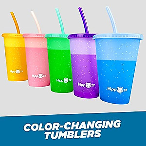 Hippozz Plastic Tumblers with Lid & Straw 5 Pack 16 Oz Color Changing Cups with Lids & Straws Colorful Tumblers with Straw BPA Free Kids Cups with Lids for Parties Reusable Coffee Cups