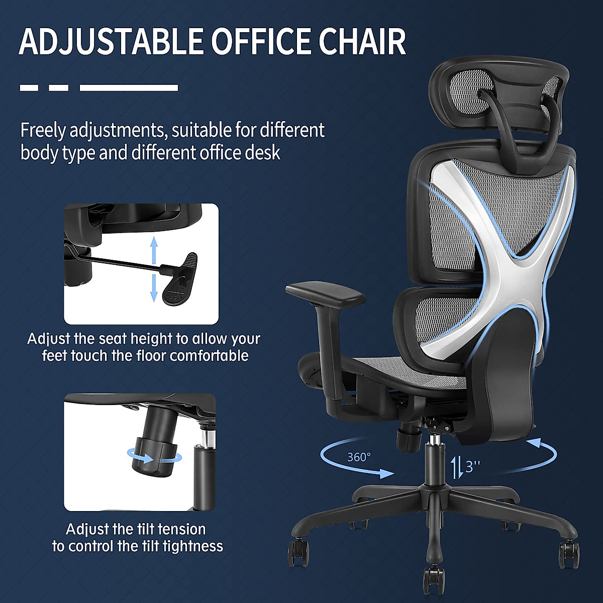 GABRYLLY Office Chair, Large Ergonomic Desk, High Back Computer Chair with Lumbar Support, 3D Armrest, Breathable Mesh, Adjustable Headrest with Tilt Function, Easy Assembly(Grey)
