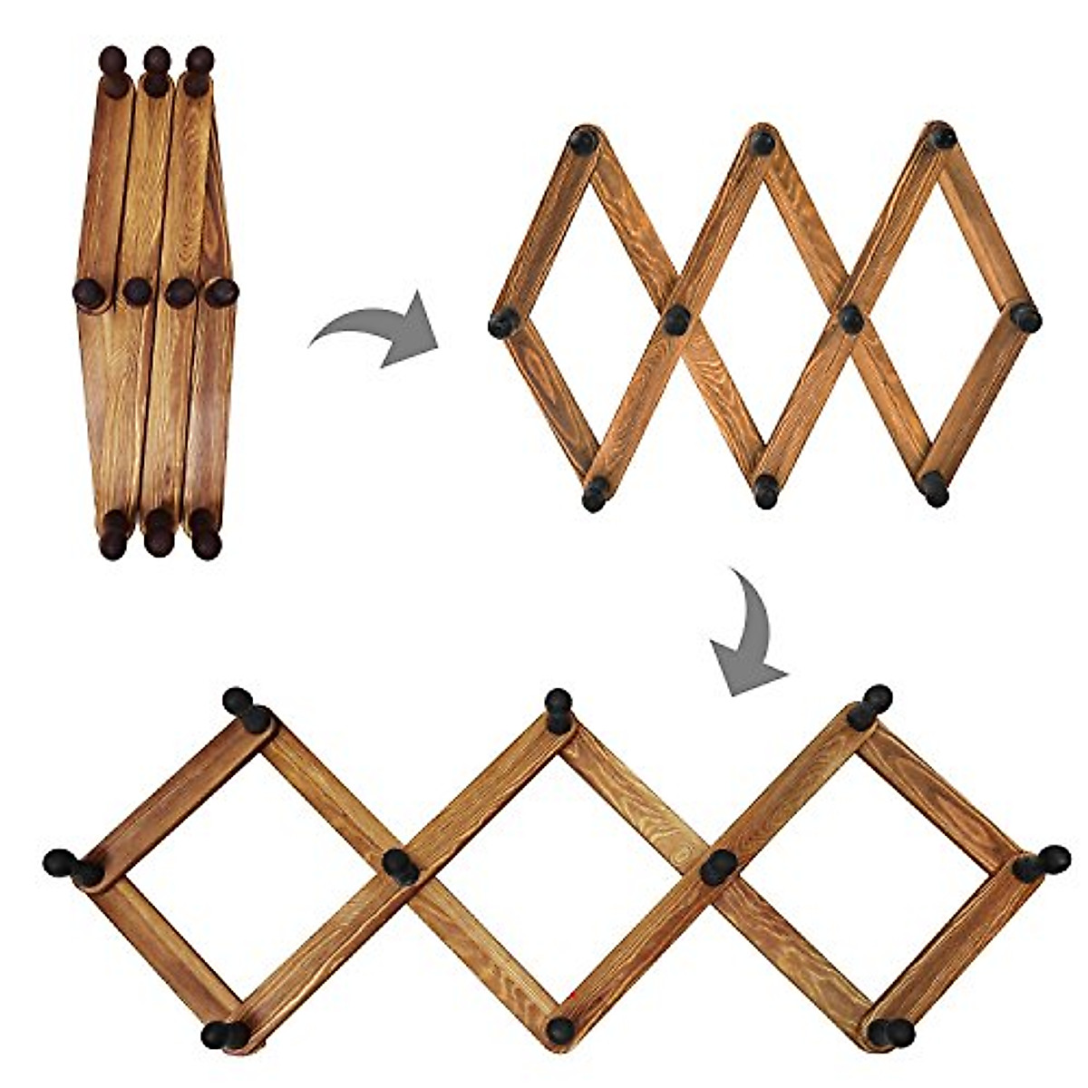 MyGift 10 Hook Burnt Wood Wall Mounted Expandable Accordion Peg Coat Rack Hanger for Entryway, Mudroom or Garage