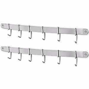 eForwish Stainless Steel Kitchen Utensil Racks Holder Hanging Rail Organize Pots Pans Kitchen Knife Gadgets On Wall Mounted Hanger Bar Rail Under Cabinet Shelf (6 Hook,17") Pack of 2