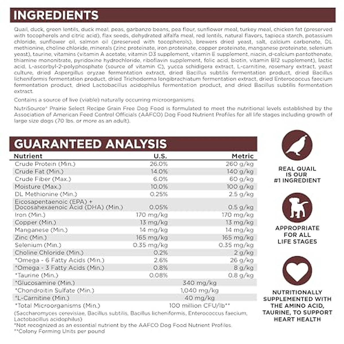NutriSource Prairie Select Grain-Free Dog Food, Made with Quail and Duck, 15LB, Dry Dog Food