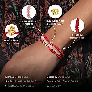 KARMA AND LUCK Red String Wrap-Bracelet for Women, 18K Gold Evil Eye Charm, Real Rose Quartz Beads, & Hamsa Button Closure, Made in Bali, Size 13”-14”