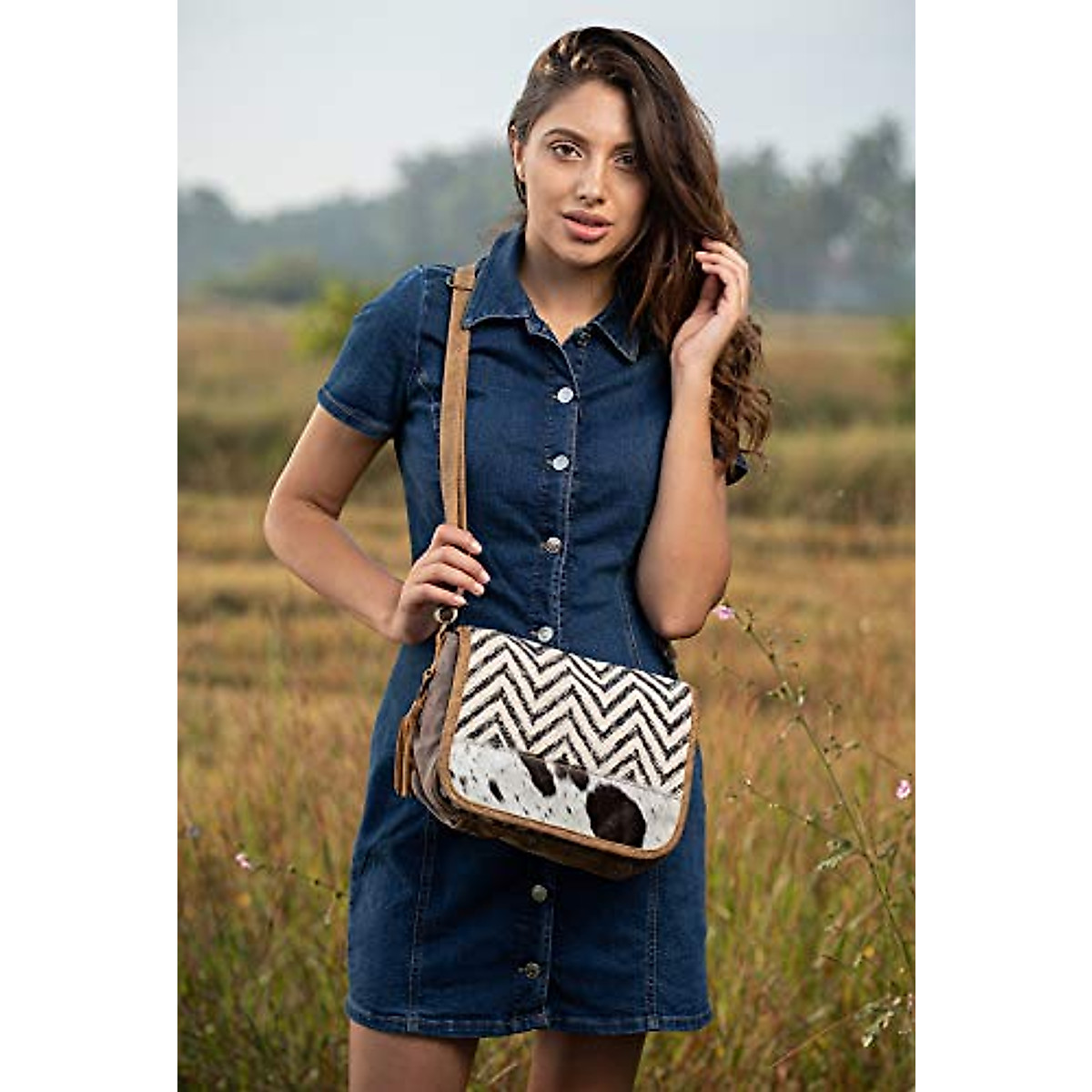 Myra Bag Artistic Upcycled Canvas & Cowhide Shoulder Bag S-1351