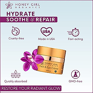 Honey Girl Organics Face & Eye Crème, USDA Certified Organic Facial Moisturizer & Under Eye Cream for Wrinkles, Dark Circles and Puffiness w/Hydrating Honey, Beeswax, Essential Oils & EVOO. 1.75oz