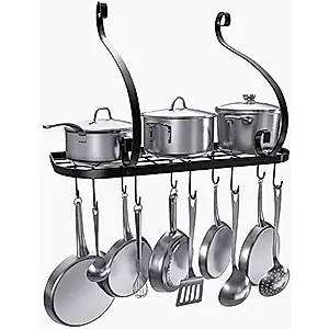 Vdomus Wall Mounted Pot and Pan Rack for Kitchen, Cookware Hanging rack with 10 Hooks Included, Hanging Pan Organizer, Black