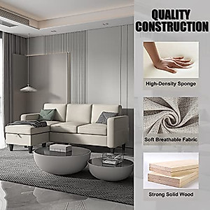 Beige Convertible L-Shaped Sectional, Modern Linen Fabric 3-Seat Sofa Couch Furniture Set with Storage Ottoman for Living Room Small Space