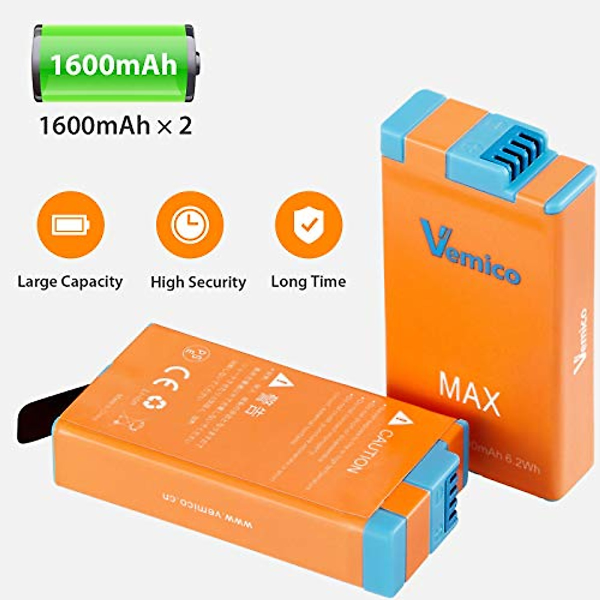 Vemico GoPro Max 360 Battery Charger Kit 2 X 1600mAh Replacement Batteries and 2-Channel LED Type-C/Micro USB Charger Fully Compatible with GoPro Max(ACBAT-001)