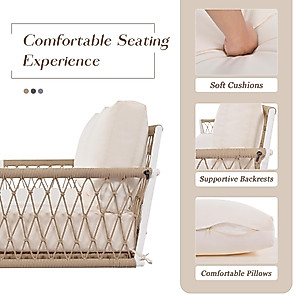 Quarte 1-Piece Woven Rope Outdoor Swing Sofa, 2-Person Porch Swing Bench with Soft Cushions, Patio Furniture for Garden, Backyard, Poolside (Beige/Rope)