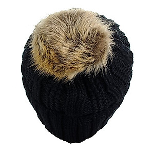 C.C Thick Cable Knit Faux Fuzzy Fur Pom Fleece Lined Skull Cap Cuff Beanie, Black