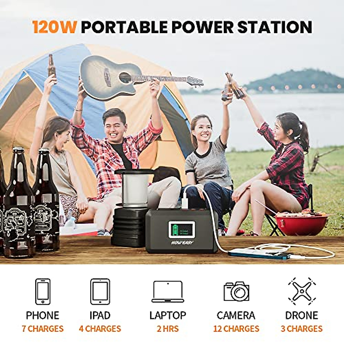 HOWEASY 120W Portable Power Station, 88WH Solar Generator, Lithium Battery Power with 2 110V AC (Peak 150W) Socket/ 3 DC Ports/2 USB QC3.0/LED Light for CPAP Outdoor Camping Trip Hunting Emergency