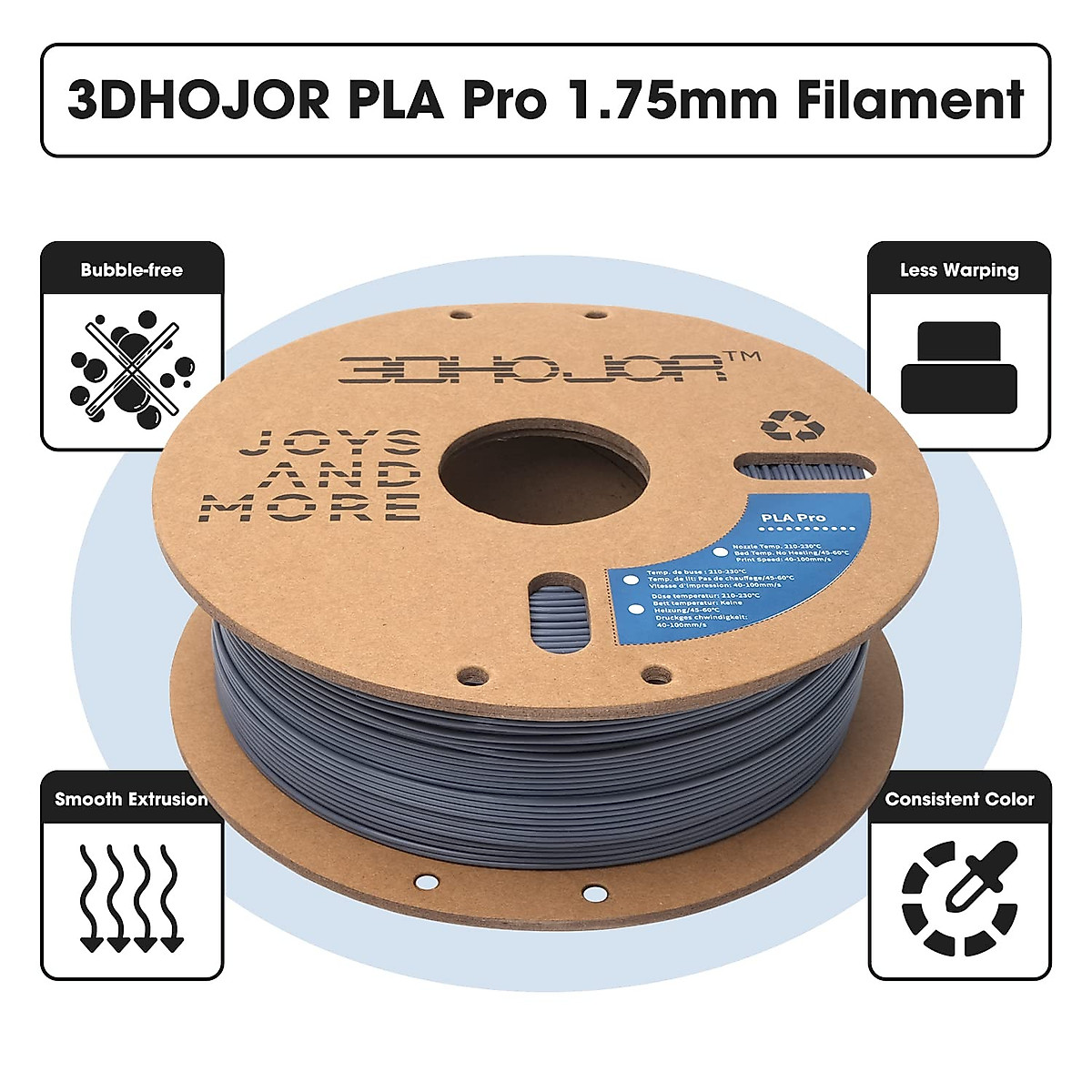PLA Pro (PLA+) Filament 1.75mm, 3D Printer Filament PLA Plus, Cardboard Spool 3D Printing Filament PLA +, Dimensional Accuracy +/- 0.03 mm, Grey, 1kg