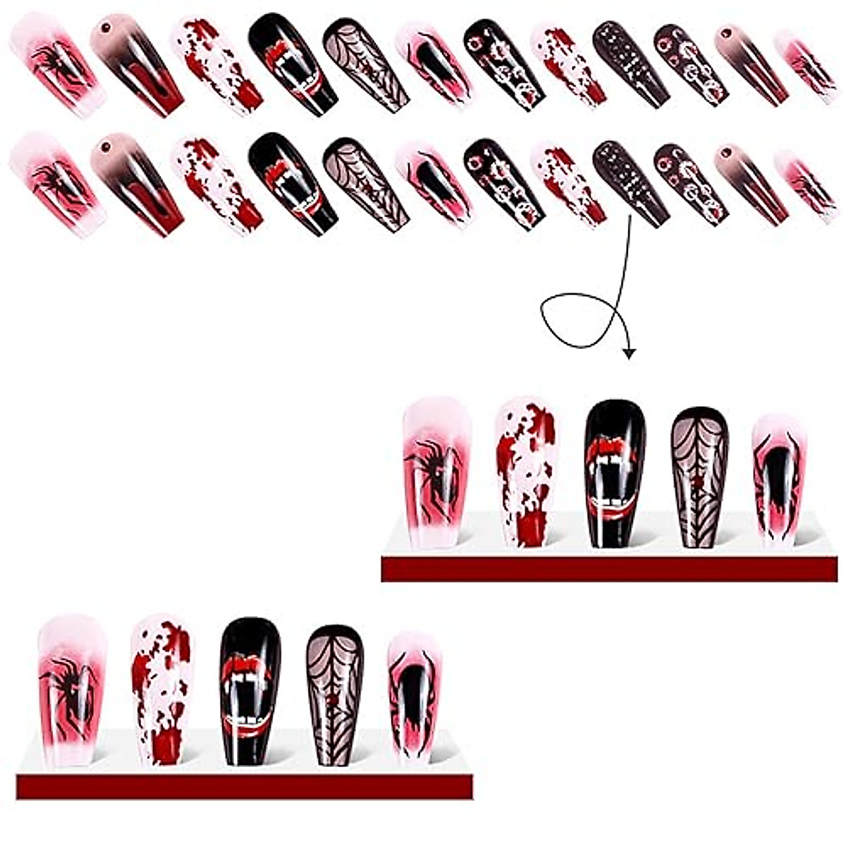Halloween Long Press on Nails Coffin Fake Nails French Acrylic Nails with Rhinestone Spider Spiderweb Blood Drops Eyeballs Full Cover Horror Pattern Designs Artificial Nails Stick on Nails for Women and Girls 24 Pcs