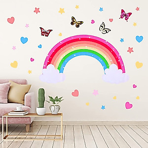 Rainbow Wall Decals Removable Star Butterfly Heart Wall Sticker Watercolor Star Rainbow Wall Sticker Vinyl Girls Room Decorations for Nursery Baby Kids Girl Teen Bedroom