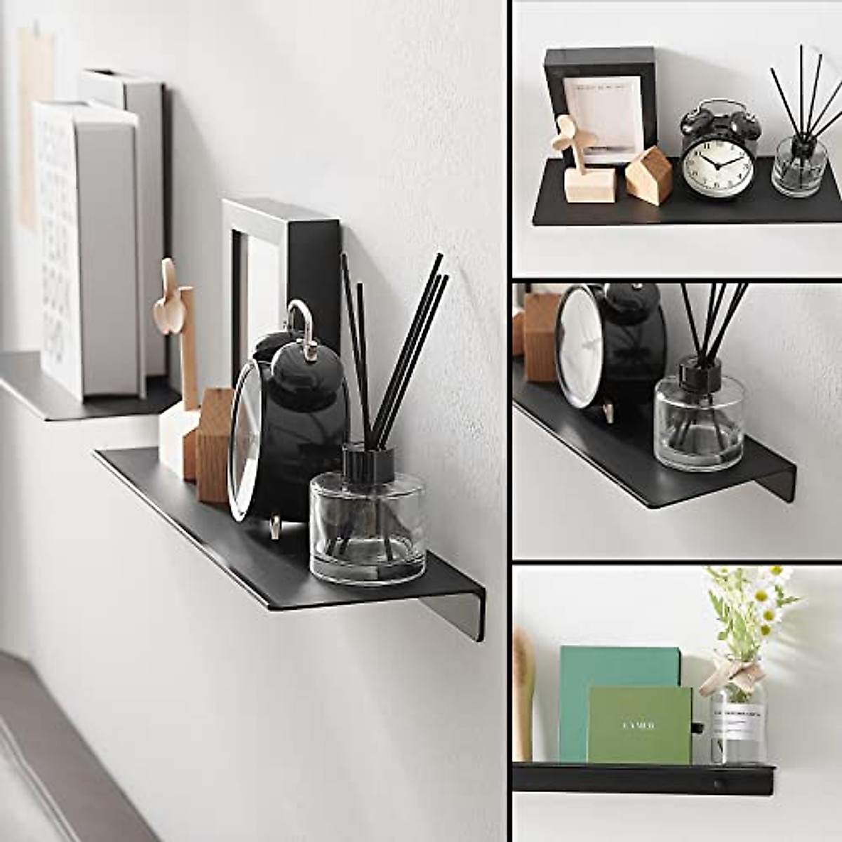 JOOM Black Floating Shelves for Wall Storage, Metal Wall Shelves for Living Room, Bathroom, Kitchen, 12” Small Display Shelves for Collectibles(2 PCS)