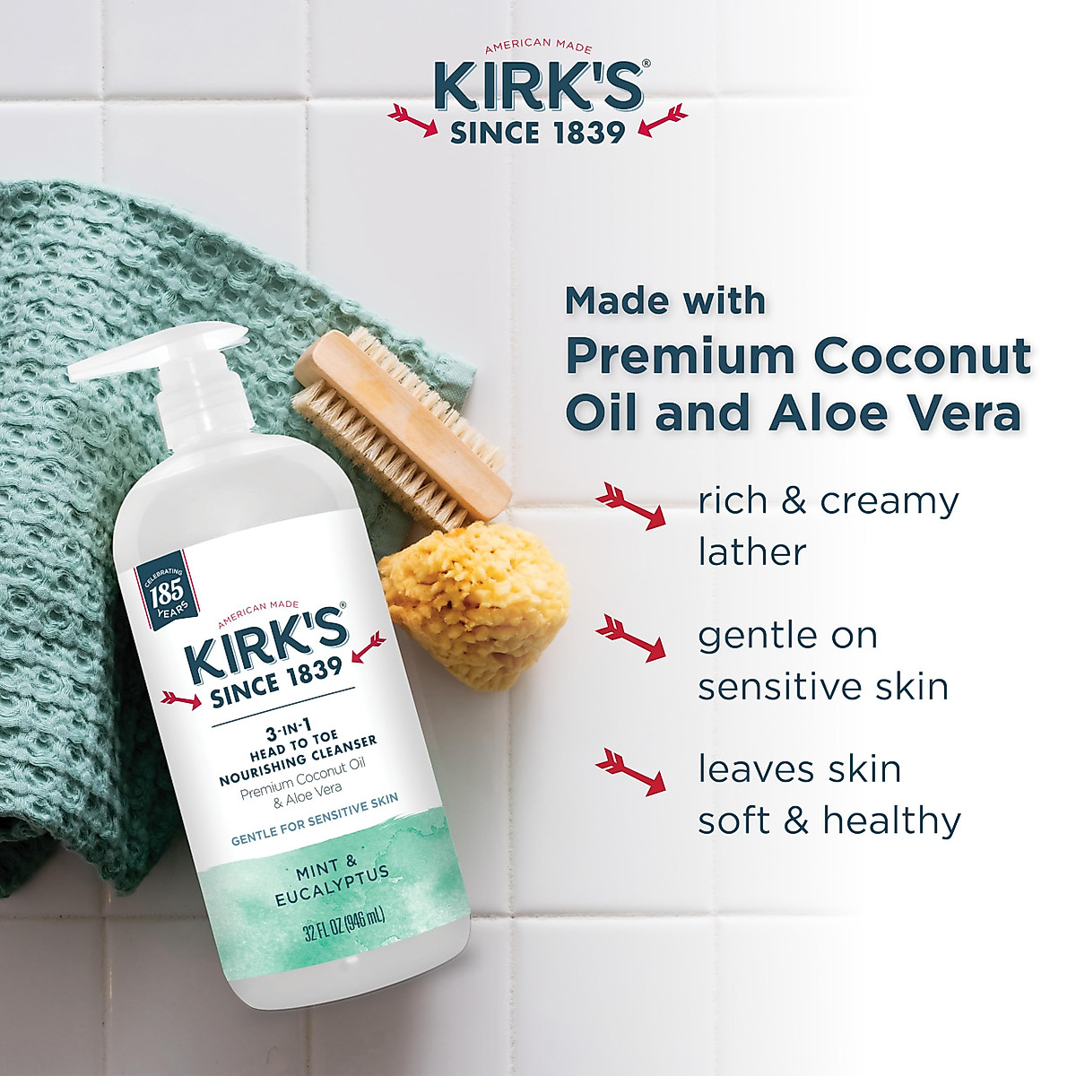 Kirk's 3-in-1 Head to Toe Nourishing Liquid Cleanser & Travel Size Bar Soap - for Men, Women & Children - Premium Coconut Oil & Aloe Vera- Non GMO & Vegan -Mint & Eucalyptus - 32 Fl Oz