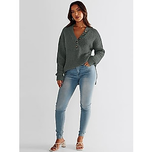 ANRABESS Womens Oversized Sweater Long Sleeve Loose V Neck Button Jumper Casual Waffle Side Slit Knit Pullover 2024 Clothes X-Large Gray Green
