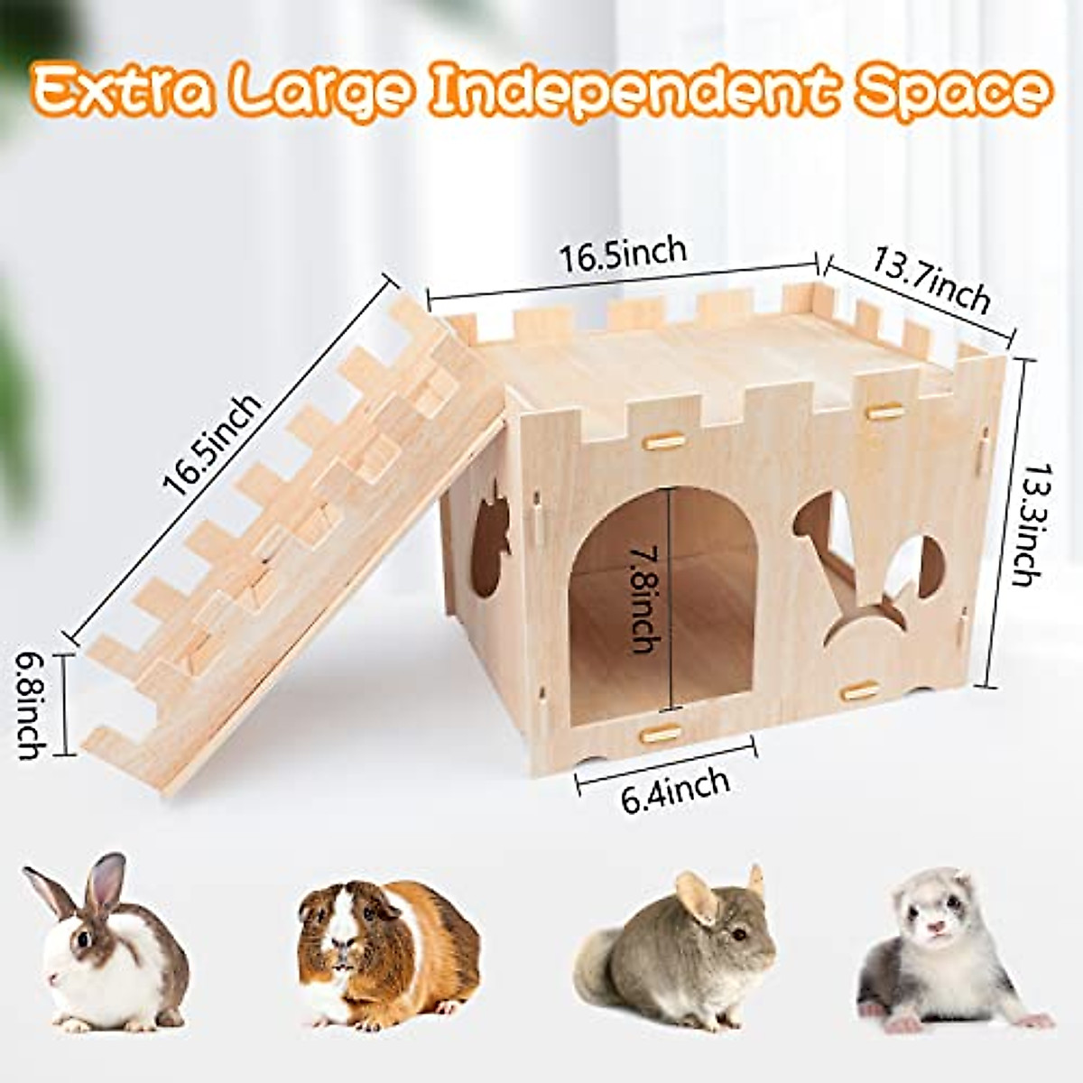 BWOGUE Extra Large Wooden Rabbit Castle Bunny House and Hideouts Detachable Small Animal Play Hideaway Hut for Indoor Adult Rabbit Guinea Pig Chinchilla Habitat