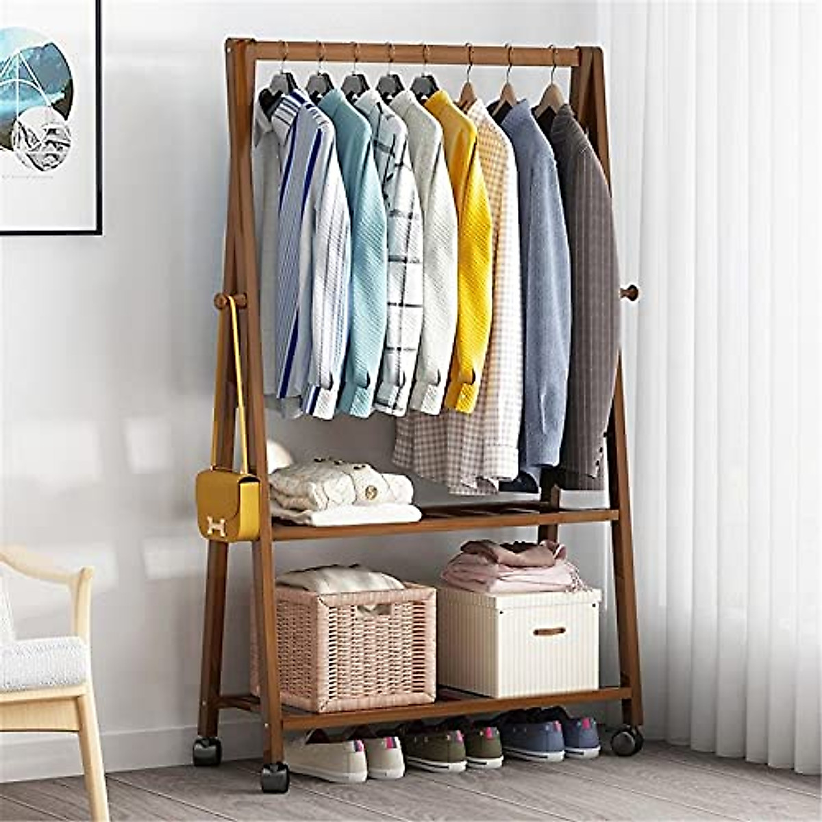 ZJDU Solid Wood Garment Rack,Clothes Rack with Shelves -Rolling Closet Organizer,with Storage Shelves Clothes Hanging Rack, for Entry Ways, Bedrooms,Brown,60×35×150cm