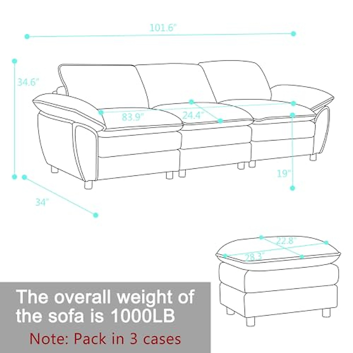 101.6" Small Modular sectional Sofa,Living Room Comfort Cloud Couch sectional, Modern Dark 3-Seater Cloud Sofa，Modular Sofa with Ottoman，Comfortable upholstered Furniture. for Apartment Office(White)
