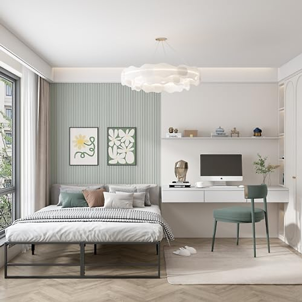 HOMWAYART Heavy Duty Bed Frames Queen Size No Box Spring Needed, Cheap 14 Inch High Black Metal Platform Base De Cama Queen,Clearance Simple Double Bedframe.