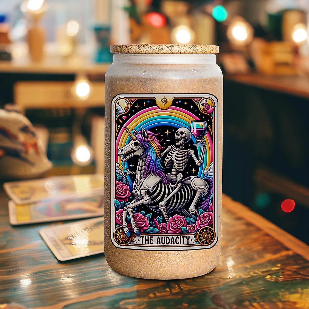 Fairy's Gift the Audacity Iced Coffee Cup, Cute 16 oz Frosted Glass Cup with Lid Straw, Christmas Funny Skull Cups, Sarcastic Skeleton Glass Tumbler, Cool Birthday Witchy Gifts for Women Tarot Lovers