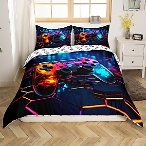 Manfei Video Games Duvet Cover Set Queen Size, Geometric Honeycomb Bedding Set 3pcs for Kids Boys Teens Room Decor, Modern Gamer Gaming Comforter Cover Children Gamepad Quilt Cover with 2 Pillowcases
