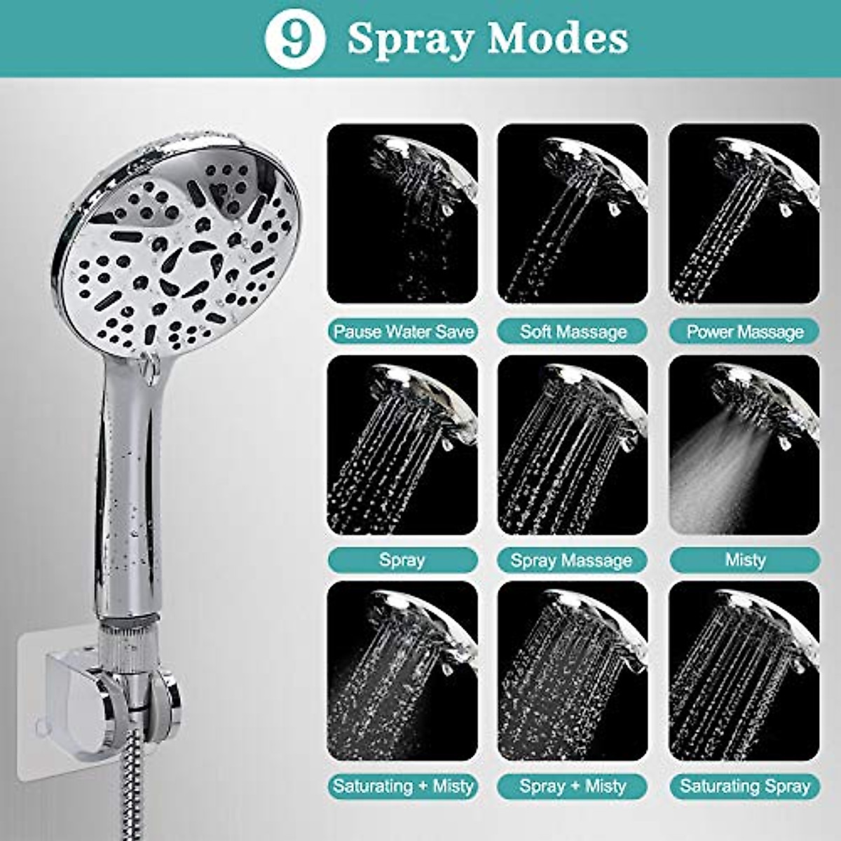 Rain Shower Head with Handheld, Lanhado 8'' High Pressure Rainfall Shower Head with 11'' Extension Arm, 9 Settings Handheld Shower Heads with Holder & Hose, Anti-leak Waterfall Showerhead, Chrome