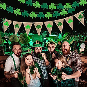 3 Pack Shamrock Garland Banners, Burlap Rustic St. Patrick's Day Banner & Felt Shamrock Garland Decorations for Irish Lucky Day Home Outdoor Hanging Decor