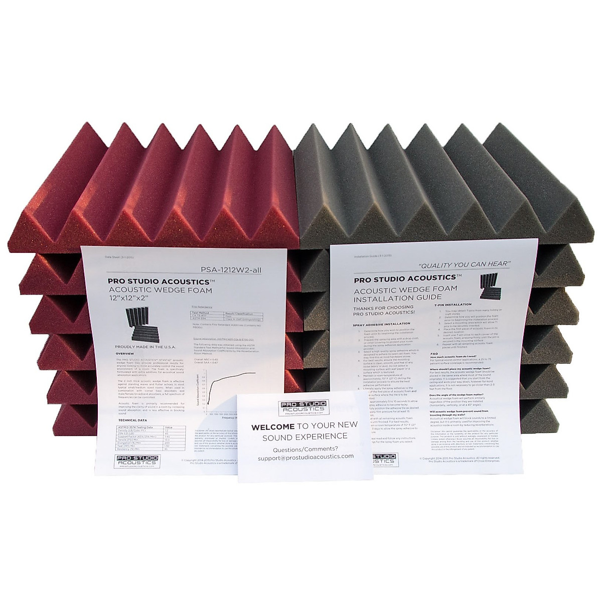 Pro Studio Acoustics - Burgundy/Charcoal - 12"x12"x2" Acoustic Wedge Foam Absorption Soundproofing Tiles - 12 Pack