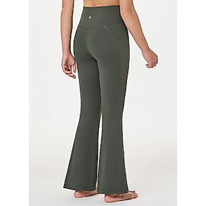 BALEAF Girls' Flare Leggings Bell Bottom Pants Yoga Dance Kids Cute Cross High Waist Bootcut Pants with Pockets Green S