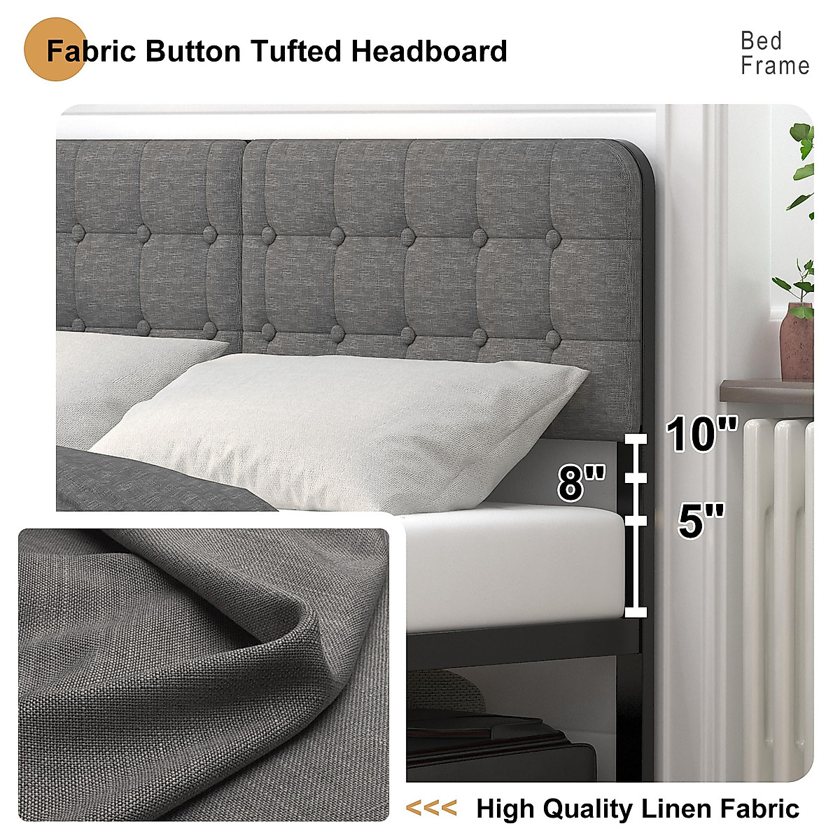 EMODA 16 Inch California King Bed Frames with Upholstered Headboard and Metal Footboard, Heavy Duty Metal Slats Support Mattress Foundation, No Box Spring Needed, Easy Assembly