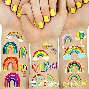 Rainbow Temporary Glitter Tattoos Theme Birthday Party Decorations Supplies Favors Tattoo Sticker For Kids Girls Boys Gifts Classroom School Prizes Rewards 2 Sheets (46PCS)