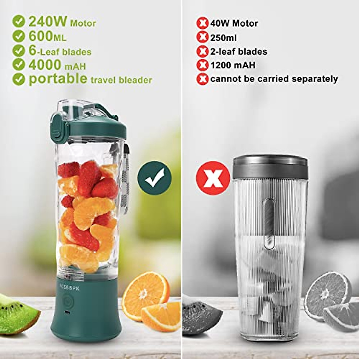 Portable Blender, Personal Blender for Shakes and Smoothies, USB Rechargeable 600Ml Juicer Cup, Mini Blender with Six Strong Stainless-Steel Blades for Kitchen, Camping, Travel (Green)